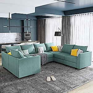 HONBAY Reversible Modular Couch Modern Polyester Sectional Sofa with Chaise & Storage Seat 112'' U-Shaped Couch for Living Room, Aqua Blue