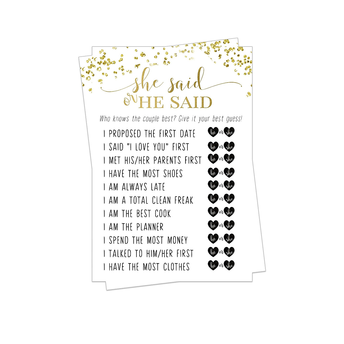 Black and Gold Bridal Shower Game He or She Said – 25 Pack, Couples Wedding Engagement Party Games, Reception Decor and Ideas, Fun Bridal Shower Guest Activities