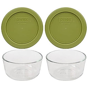 Pyrex (2 7202 Glass Bowls & (2) 7202-PC Olive Green Lids