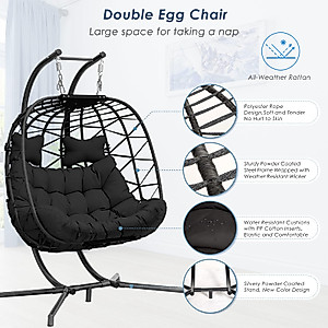 NICESOUL® 2 Seater Egg Swing Chair with Stand Double Person Outdoor Swing 510Lbs Capacity Large Black Hanging Chair Two Person Gray Rattan Black Olefin Cushions 510lbs Capacity