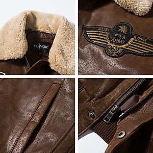 FLAVOR Men's Real Leather Bomber Jacket with Removable Fur Collar Aviator (Large, Brown)