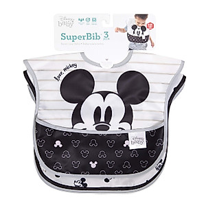 Bumkins Disney Bibs for Girl or Boy, SuperBib Baby and Toddler for 6-24 Months, Essential Must Have for Eating, Feeding, Baby Led Weaning, Mess Saving Waterproof Soft Fabric, 3-pk Mickey Mouse Icon
