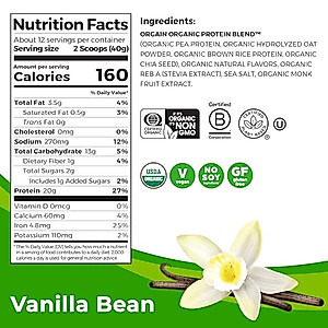 Orgain Organic Vegan Protein Powder + Oat Milk, Vanilla Bean - 20g Plant Based Protein, Gluten Free, Soy Free, Low Sugar, Non GMO, Kosher - 1.05lb