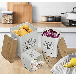 Potato Onion Garlic storage, Canister Sets for Kitchen Counter, Storage Set for Potato Onion Garlic, Kitchen Storage Bin Jars Pots with Aerating Tin Storage Holes & Wooden Lid - White
