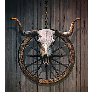 Ambesonne Barn Wood Wagon Wheel Duvet Cover Set, Long Horned Bull Skull and Old West Wagon Wheel on Rustic Wall, Decorative 3 Piece Bedding Set with 2 Pillow Shams, Queen Size, White Black Brown