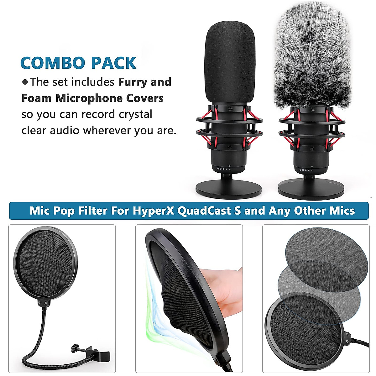 Pop Filter for Hyperx Quadcast,3 in 1 Quadcast S Mic Pop Filter + Furry Windscreen+ Foam Mic Cover for Hyperx Microphone,Professional Noise Reduction QuadCast Pop Filter Set by ChromLives, Combo 3Pack