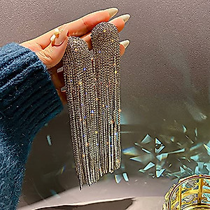 Wiwpar Fashion Women Long Rhinestones Tassel Earrings Bohemian Long Chain Drop Dangle Earrings for Women Girls (Silver)