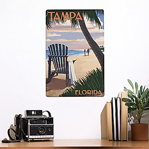 Lantern Press 12x18 Inch Metal Sign, Tampa, Florida, Adirondack Chair on The Beach