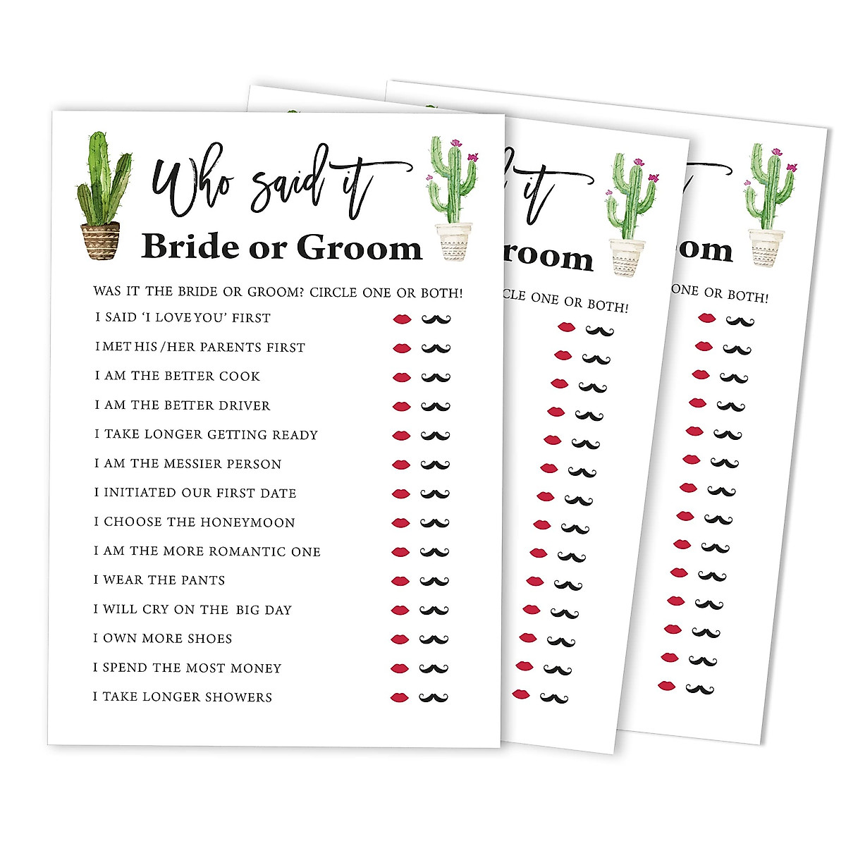 Inkdotpot Cactus Taco'bout Love 50-Pack He Said She Said Cards for Couples Funny Rehearsal Dinner Who Said it Question Bridal Shower Engagement Party Game Ideas
