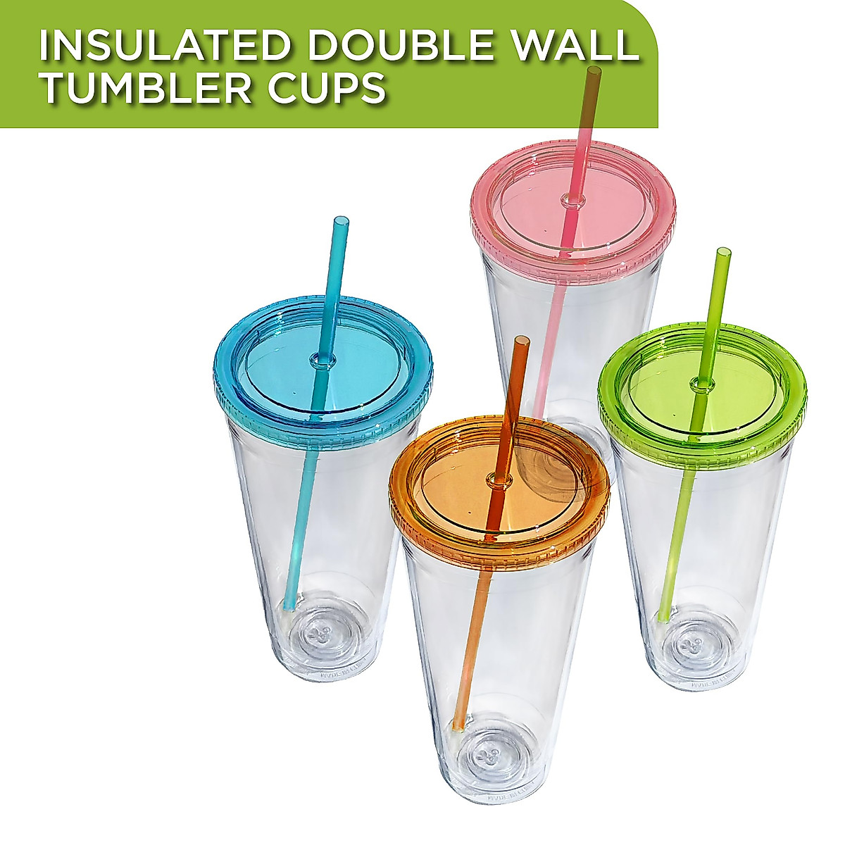 Lily's Home Insulated Tumbler Cups with Straws and Lids, Double Wall Clear Acrylic Plastic. Perfect for Iced Coffee, Hot Drinks, Water. BPA Free. Multicolor lids - 4 Pack (32 oz, Clear)