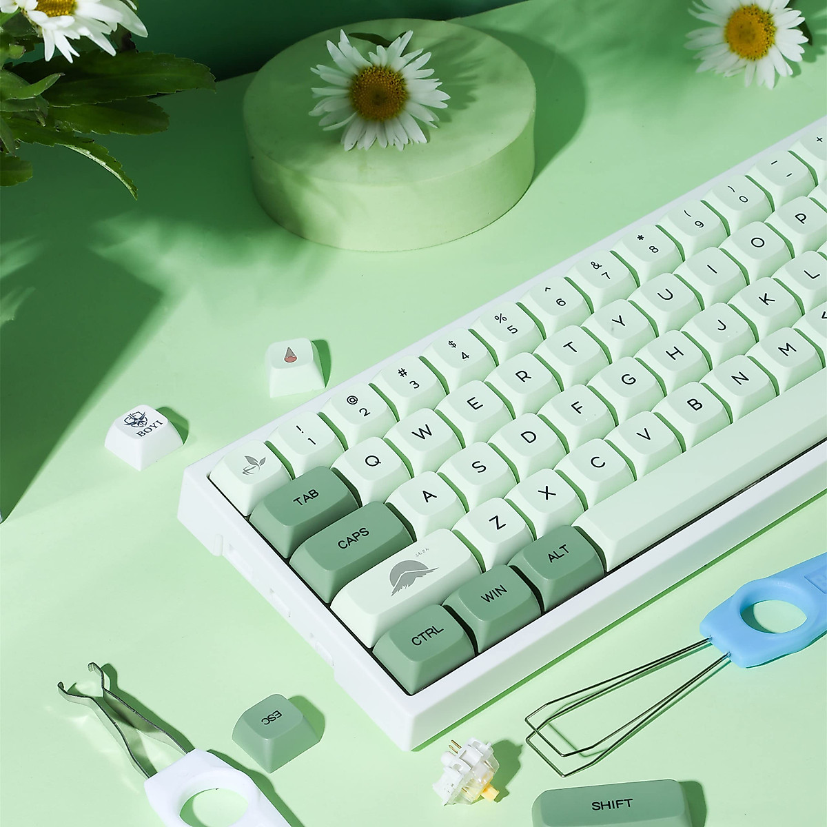 BOYI WK68 Hot Swappable RGB Mechanical Keyboard,Wireless Bluetooth 5.0/2.4G/Wired Type-C Tri-Mode PBT Sublimation Keycaps 65% Gaming Keyboard(Gateron Yellow Switch,Matcha XDA Keycaps)