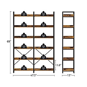 Seventable Bookshelf 6 Tier with 4 Hooks, 69” Industrial Wooden Bookcase, Vintage Storage Rack with Open Shelves, Rustic Standing Bookshelves Metal Frame 47.3” Wide Display Rack, Rustic Brown
