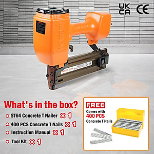 KAMSIN #ST64 14 Gauge Heavy Duty Pneumatic Concrete T Nailer Kit with 400 PCS Concrete T Nails, 3/4" to 2-1/2"(18-64mm) Leg Air Power Concrete Nails Gun Woodworking Brad Nailer Gun