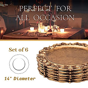 MAONAME 14" Antique Gold Charger Plates with Embossed Rims, Set of 6, Plastic Plate Chargers for Dinner Plates, Table Setting
