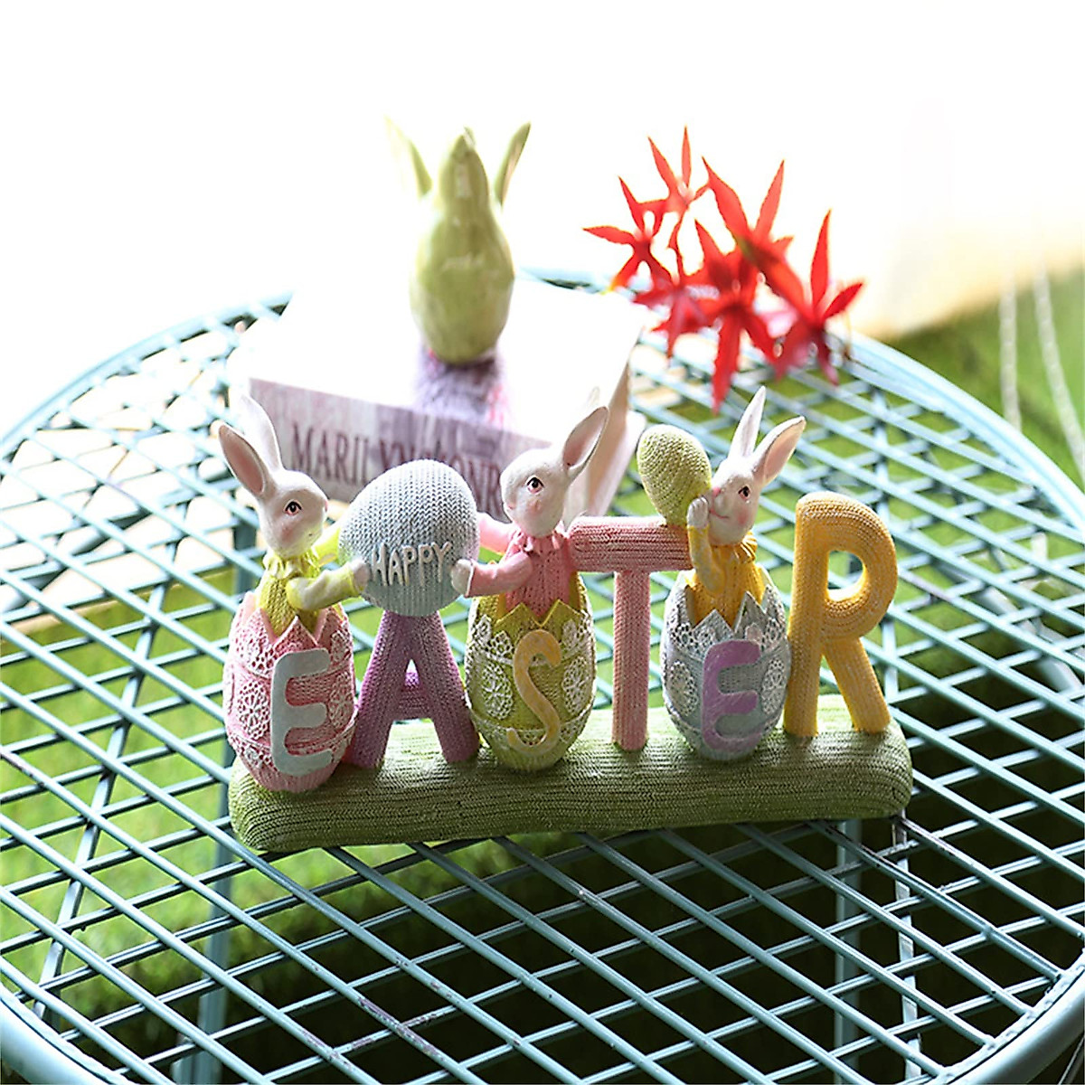 Abendedian Happy Easter Bunny Tabletop Decorations Resin Hand Painted Easter Eggs Bunny Figurines Ornament Garden Farmhouse Home Decor (13.4 * 2.4 * 5.5 inch, Style-B)