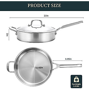 Yeksum Tri-Ply Stainless Steel Saute Pan 5QT, 12 Inch Deep Frying Pan with lids, 3-layer Large Skillet with Stay Cool Handle, Induction Pan, Durable, Compatible with All Cooktops Up to 500℉
