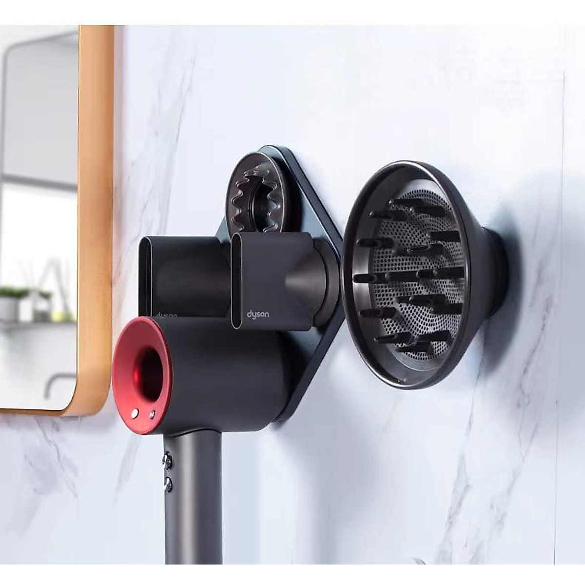 Wall Mount Holder for Dyson Hair Dryer,Magnetic Wall Bracket Frame for Dyson Supersonic Hair Blow Dryer,Accessories Organizer Storage Bracket Rack Fits Curler Diffuser,Nozzles and Power Cable(Black)