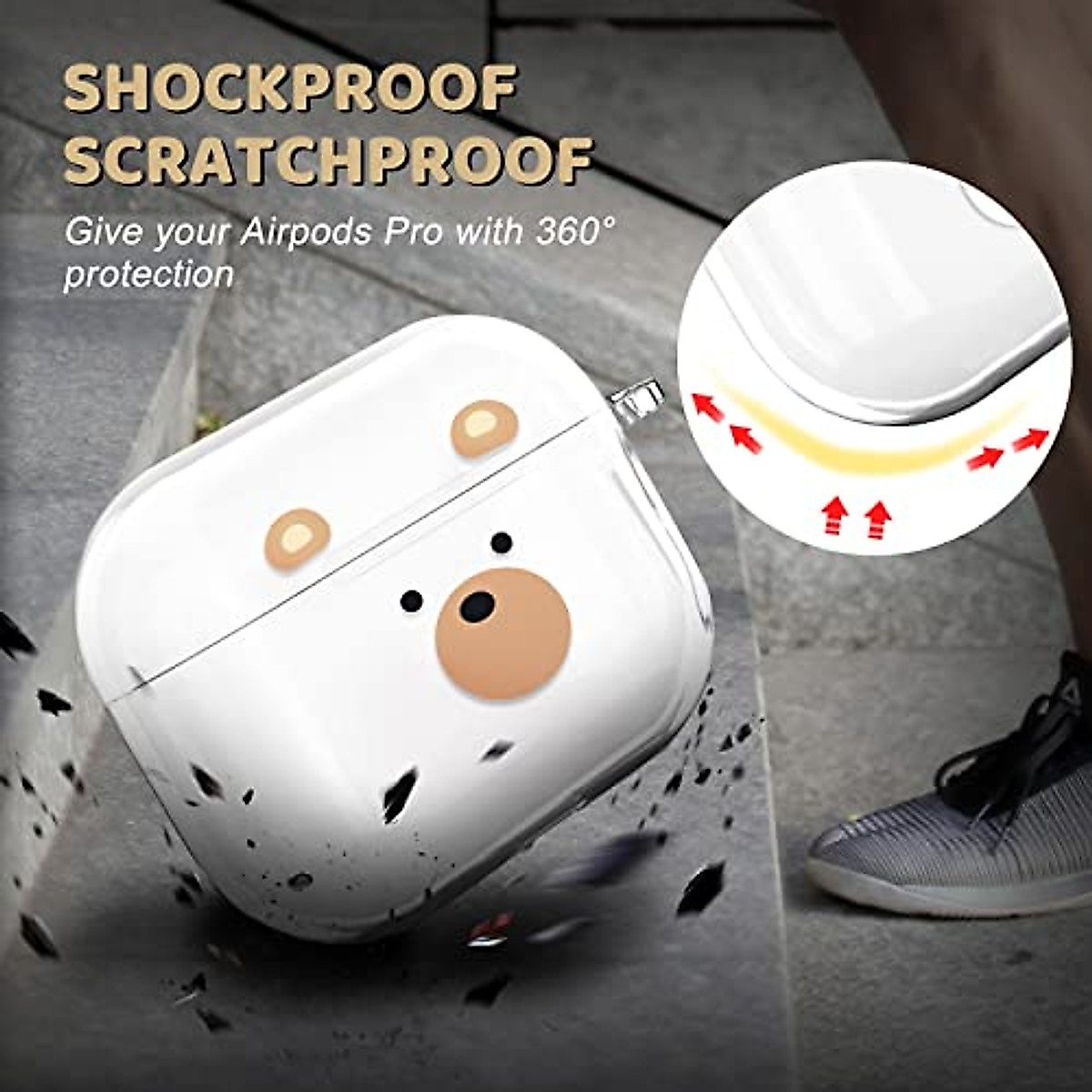 Newseego Case Compatible with Airpods Pro, Cute Bear Cartoon Design Airpods Pro Case for Girls and Women [Front LED Visible] Clear Soft TPU Protective Cover Case for Airpods Pro