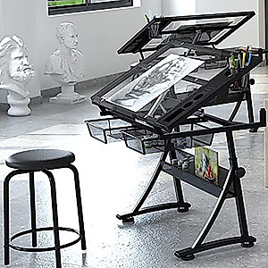 Drafting Desk, Adjustable Glass Drafting Table,Versatile Art Study Table,with Storage Drawers,Art Studio Design Sketching Painting Work Station