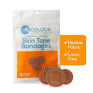 Tru Colour - Spot Bandages, Flexible Fabric Adhesive Bandages, Brown Skin Tone Shade, Orange Bag, 50 Count