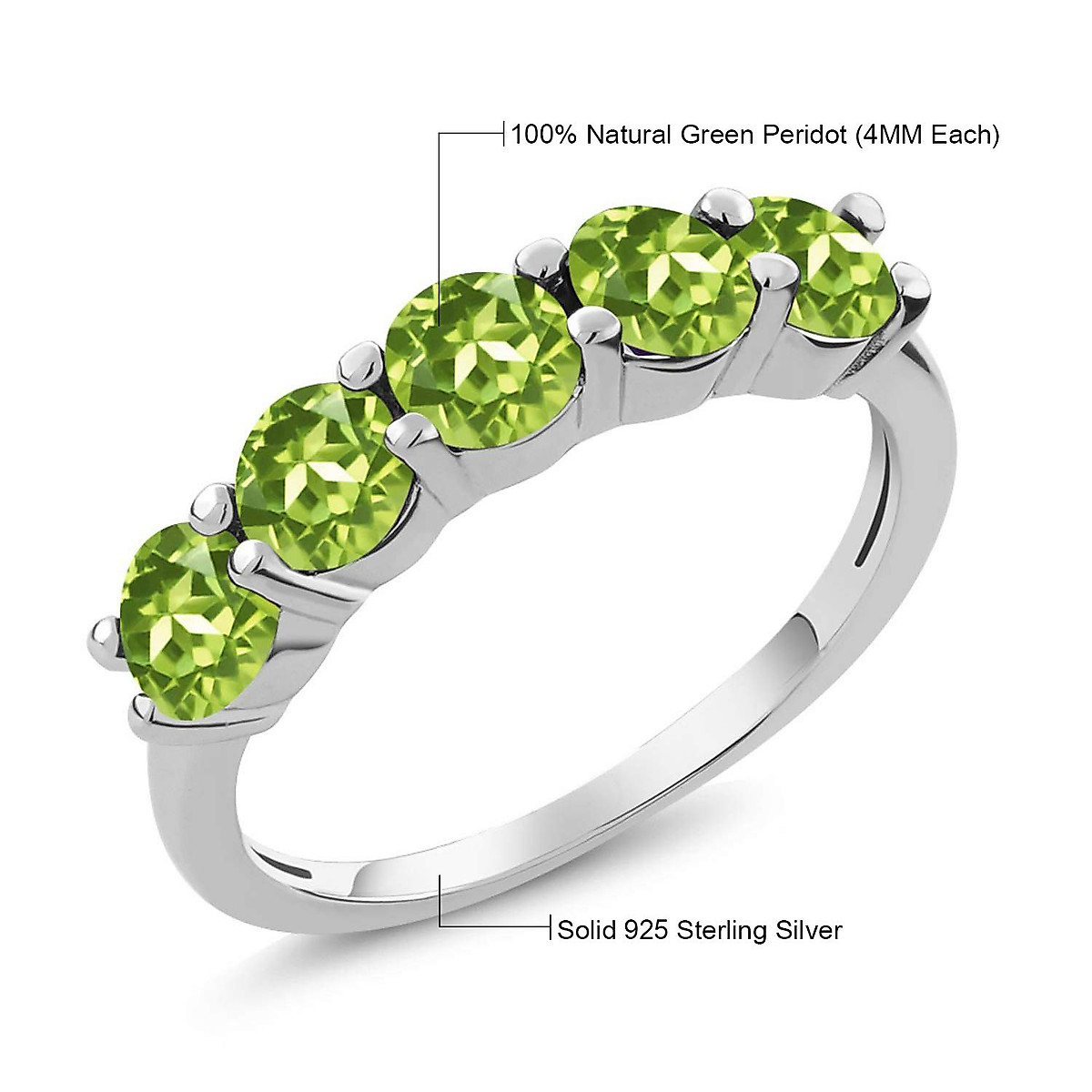 Gem Stone King 925 Sterling Silver Green Peridot 5 Stone Band Ring For Women (1.50 Cttw, Gemstone Birthstone, Available In Size 5, 6, 7, 8, 9)