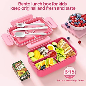 Jelife Kids Lunch Bento Box, Large Bento-Style Leakproof Lunch Boxes 4 Compartments Girls Snack Lunch Containers with Tableware for Back to School, Reusable On-the-Go Meal and Snack Packing, Pink