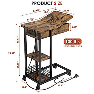C Shaped Side Table, Mobile Couch Snack Side Table with USB Ports and Charging Station, Narrow End Table with 3 Tier Storage Shelf with Wheels for Small Spaces, Living Room, Bedroom