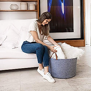 OrganiHaus Large Basket for Blankets for Living Room 20x13 | Woven Laundry Basket | Boho Blanket Basket | Toy Storage Basket for Kids | Cotton Rope Basket w/Handles | Shoe Basket for Entryway - Blue