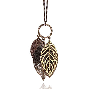 POMINA Chocolate Gold Silver Two Tone Filigree Fall Leaf Necklace Fashion Statement Chic Sweater Chain Long Necklace for Women (Worn Choco Gold)