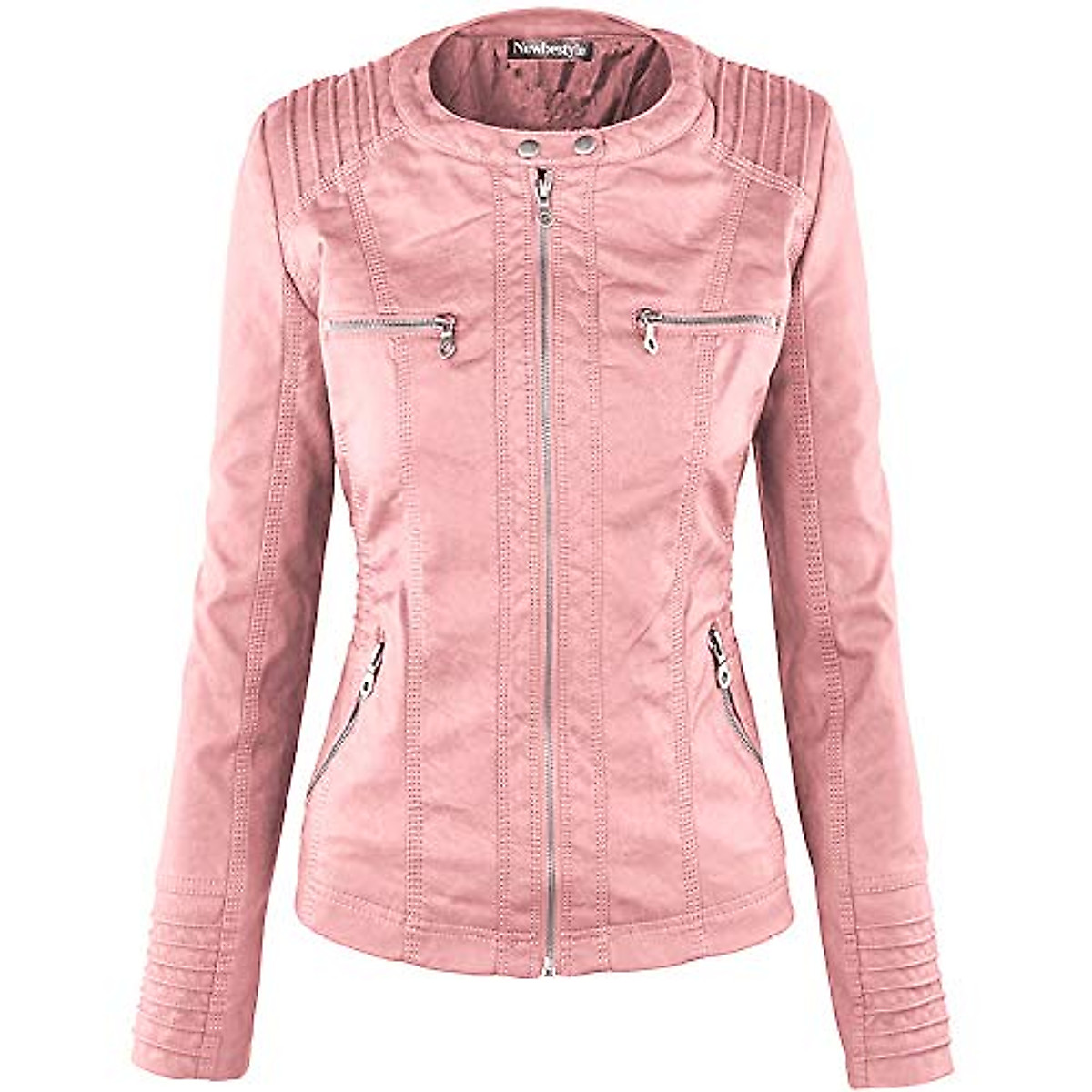 Newbestyle Faux Leather Jacket for Women Casual Moto Biker Jacket Quilted Full-Zip Coat Pink M