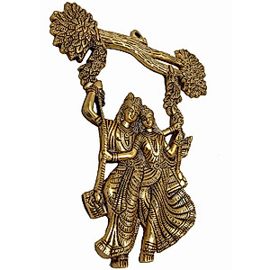 Wall Hanging Metal Radha Krishna Jhula Idol Statue (13 Inches Height, Golden)