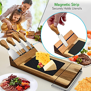 NutriChef Slicing Bamboo Cheese Board Platter - 4 Stainless Steel Knives and Magnet Holder - Modern Wood Snack Serving Tray w/Stone Slate Slab - Slicer Blade for Cutting - PKCZBD50.5