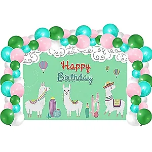 Llama Happy Birthday Party Decorations, Alpaca Cactus Photography Backdrop Banner Sign Decorations with 80pcs Balloons Arch Garland Kit for Girls Mexico Fiesta Themed Birthday Baby Shower Decorations
