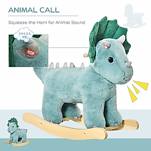 Qaba Kids Plush Ride-On Rocking Horse Triceratops-Shaped Plush Toy Rocker with Realistic Sounds for Child 36-72 Months Dark Green