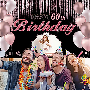 Custom Rose Gold Happy 60th Birthday Decoration Banner - Large Sizes-Personalization with Name and Photo Supported