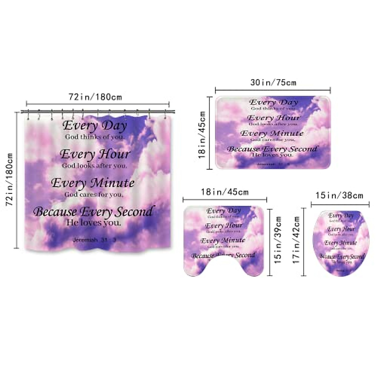 Dexsawoi 4-Piece Bible Verse Shower Curtain Set with Non-Slip Religious Carpet, Toilet lid, and Bath mat, with Inspiring Thoughts and Prayers. Bathroom Curtain with 12 Hooks 72 x 72 inches