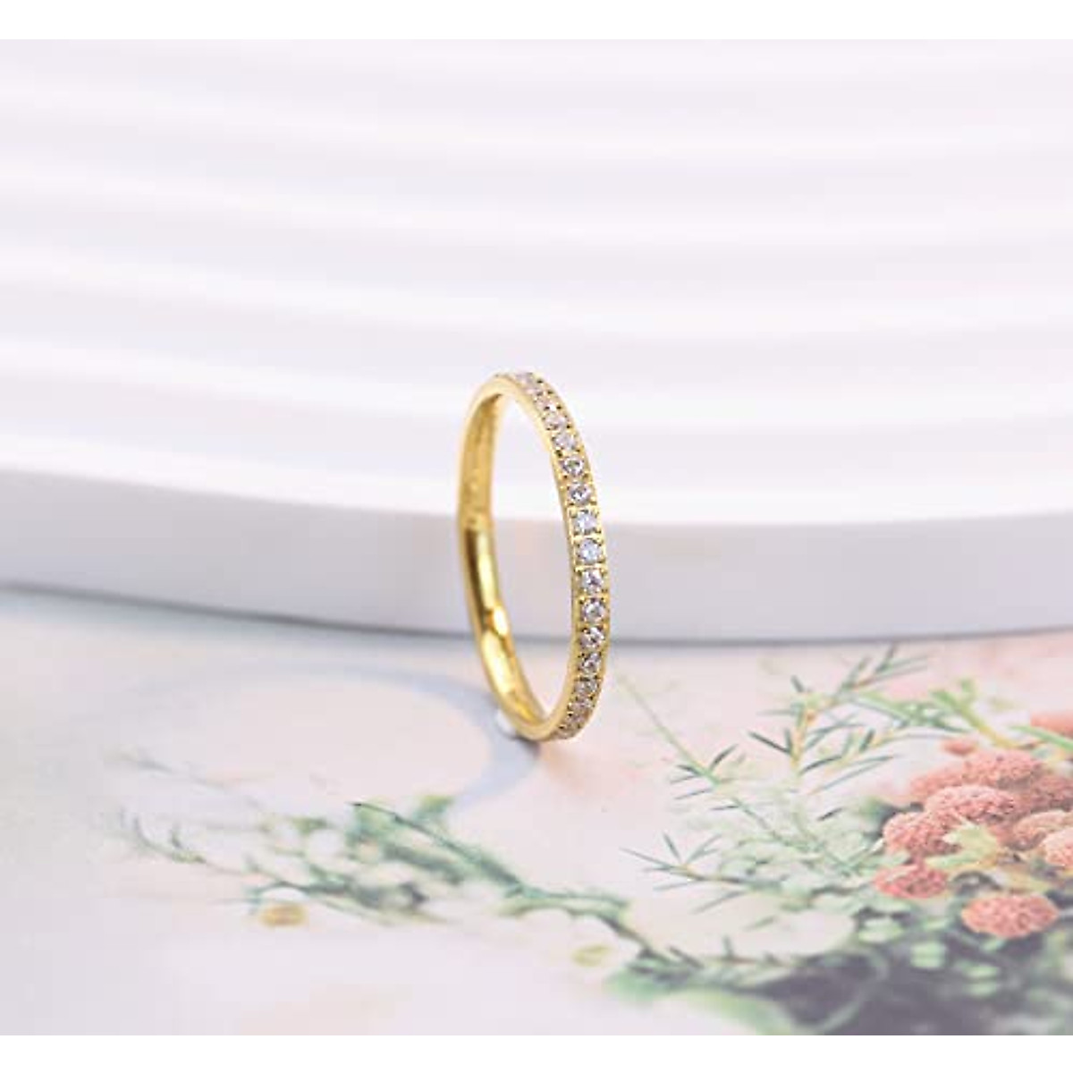 MYNENEY 14K Gold/Silver Plated Wedding Band Cubic Zirconia Eternity Stackable Engagement Ring For Women (2MM Diamonds Gold, 4)