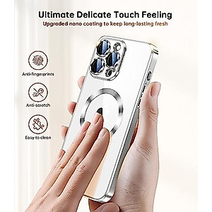 Waldeng for iPhone 13 Pro Max Case with Integrated Camera Lens Protection, [Seamless Work with Magsafe] [Metallic Glossy Soft Bumper], Diamond Clear Stylish Case for iPhone 13 Pro Max, Shiny Silver