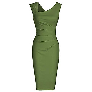 MUXXN Ladies Classic V Neck Sleeveless Midi Ruched Bridesmaid Prom Pencil Dress for Women Olive Green L