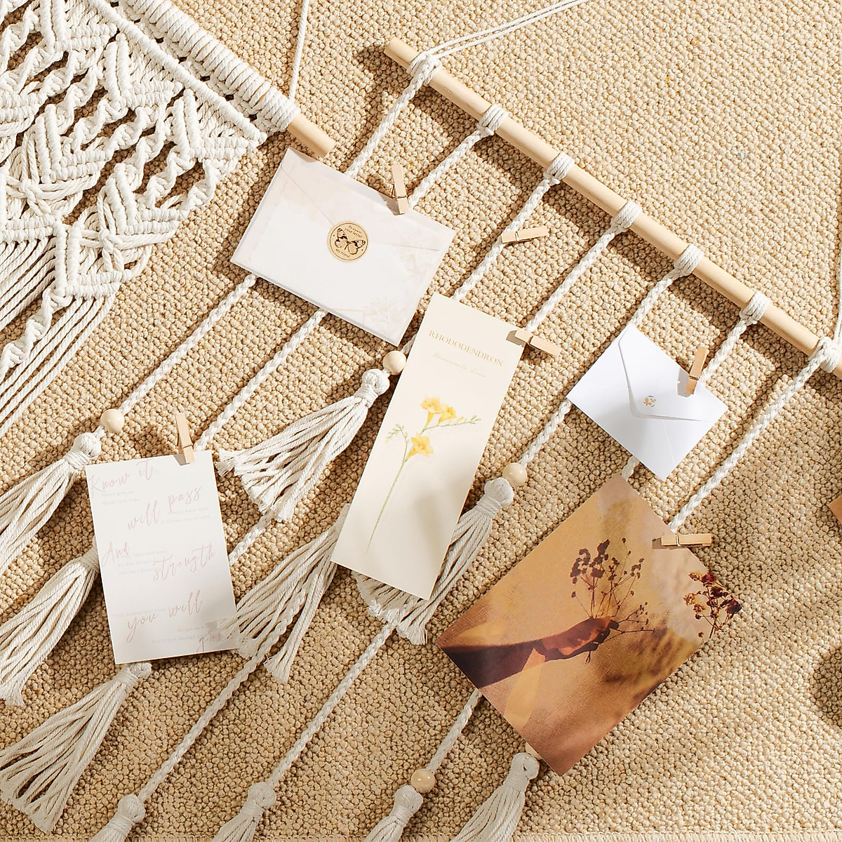 Mkono Hanging Photo Display Boho Macrame Wall Decor with Light, Teen Girl Teenage Gifts, Pictures Cards Frame Holder Art Hanger for Birthday Party Room Bedroom Dorm, with 30 Wood Clips, Ivory