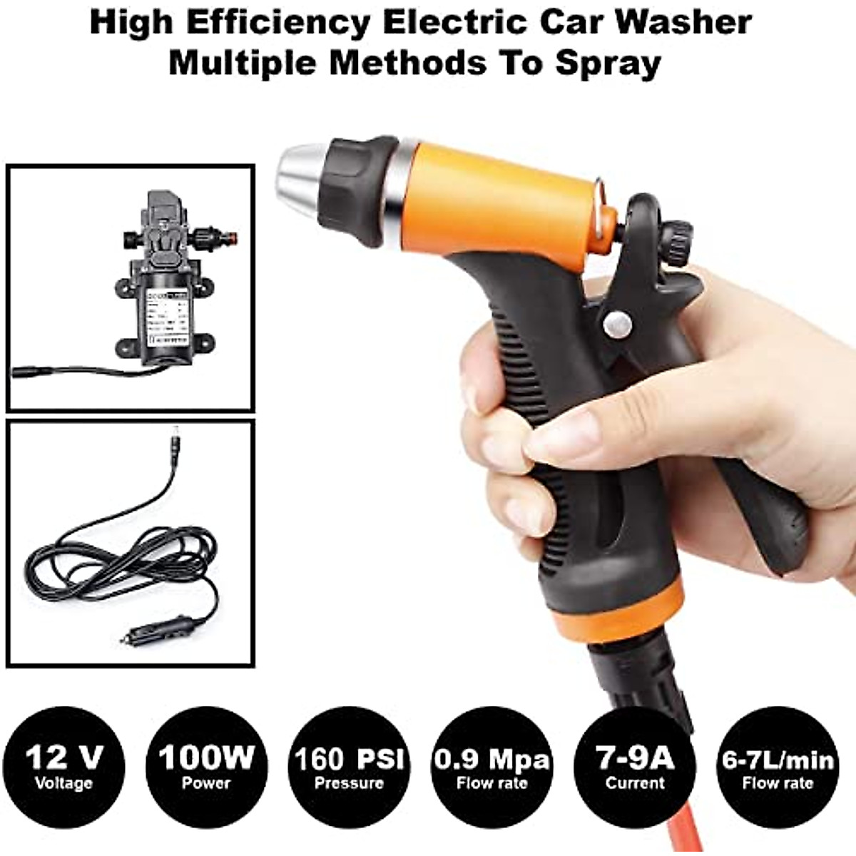 Portable Electric Pressure Washer Pump Intelligent High Pressure Powerful Washing Kit with 20Ft PVC Hose for Home Cleaning Car Garden Projects (100W 160PSI 12V)