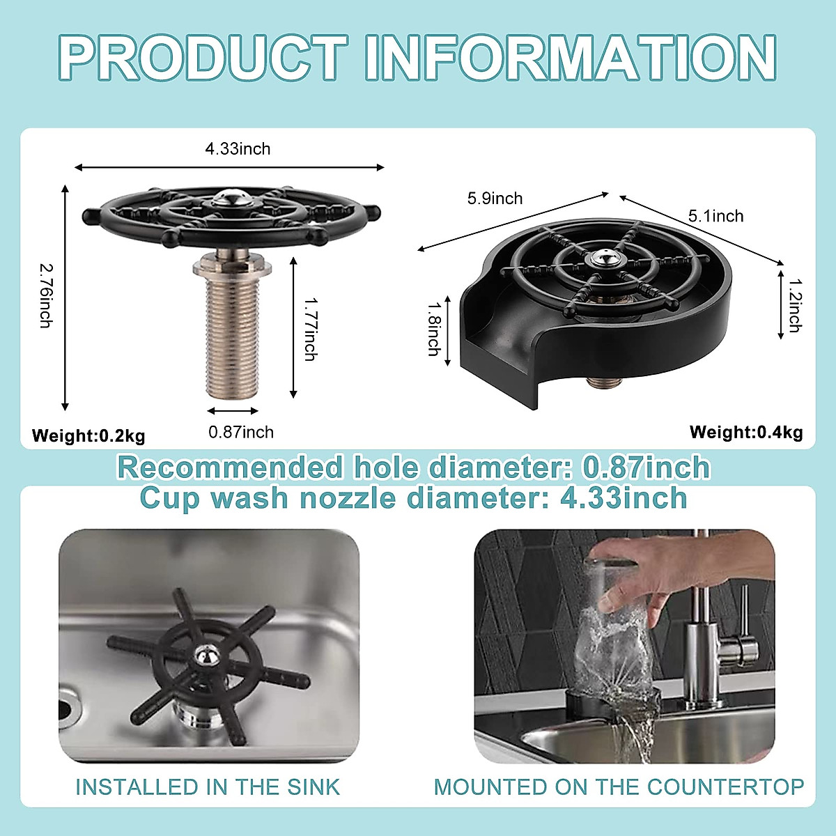 DVOLIKE Cup Washer Sink Attachment, Kitchen Sink Automatic Flushing Device High Pressure Cup Rinser Faucet Bottle Washer for Coffee Shop Cup Cleaner Bar Glass Cleaner