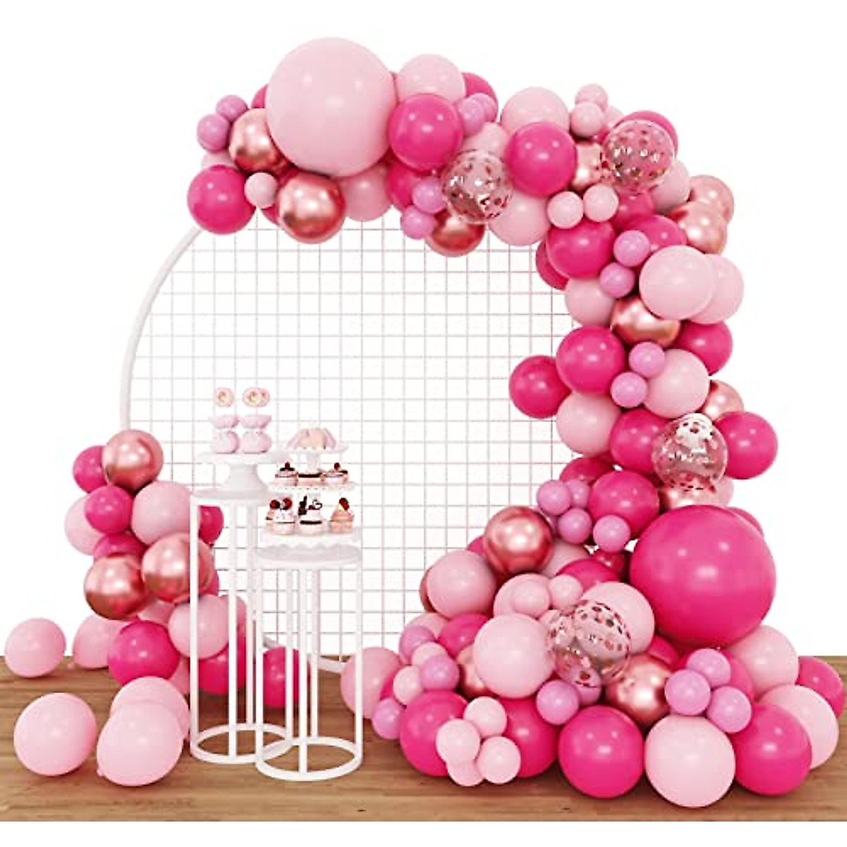 RUBFAC Pink Balloon Arch Garland Kit, Hot Pink Rose Gold Chrome Balloons for Birthday Shower Princess Theme Party Background Decorations