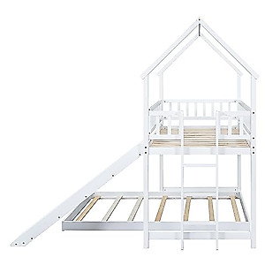 Twin Over Full Size House Bunk Bed, Wood Bunk Bed Frame with Slide, Built-in Ladder and Fence Guardrails, Playhouse Bed Slide Bed for Kids Adults, Bedroom Furniture Bunk Bed House Bed (White Bed)