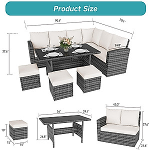 IDEALHOUSE 7 Pieces Outdoor Dining Set,Patio Sectional Sofa Conversation Set All Weather Wicker Rattan Couch Dining Table & Chair with Ottoman Beige