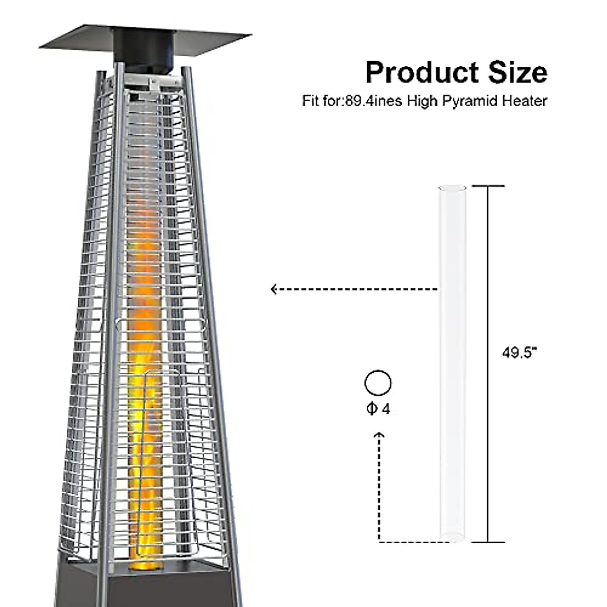 KEESHA Glass Tube for Patio Heater Replacement Quartz Glass Tube Compatible with Pyramid 4 Sides Patio and Outdoor Heater - 49.5" Tall 4" Diameter