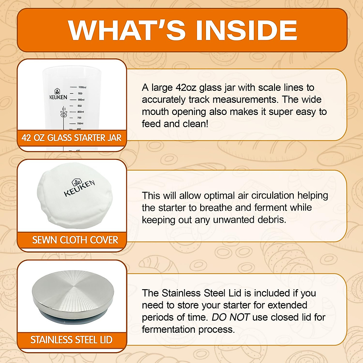 KEUKEN 42 oz Glass Sourdough Starter Jar Kit - Sourdough Bread Baking Supplies - Sourdough Starter Kit - Silicone Spatula Electric Thermometer Danish Dough Whisk - Sourdough Kit