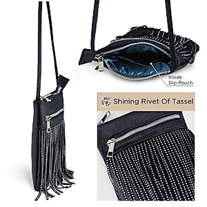 HOXIS Tassel Crossbody Bag Bling Glitter Purse Sparkle Women Evening Bag (Black)