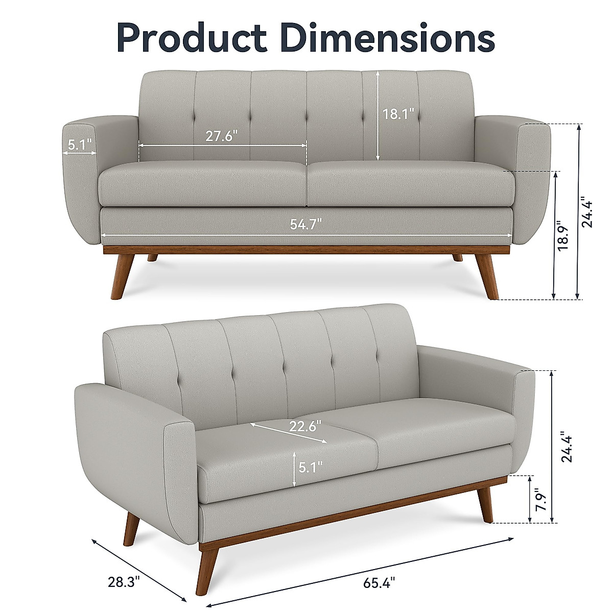 Cozysnooze 65.4" Loveseat Sofa,Memory Foam Futon Sofa Couch Sleeper,Linen Fabric Upholstered 2-Seat Sofa for Living Room,Apartment,Bedroom,Office,Grey