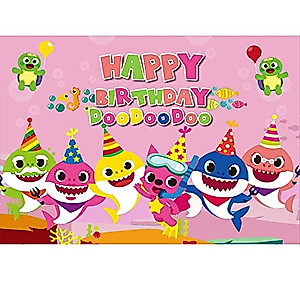 FUNTON Baby Shark Backdrop (Pink), Baby Shark Party Supplies, Baby Shark Birthday Decorations (5x3 FT)…